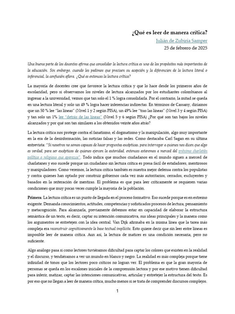 Importancia de la lectura crítica en educación | PDF | Comprensión ...