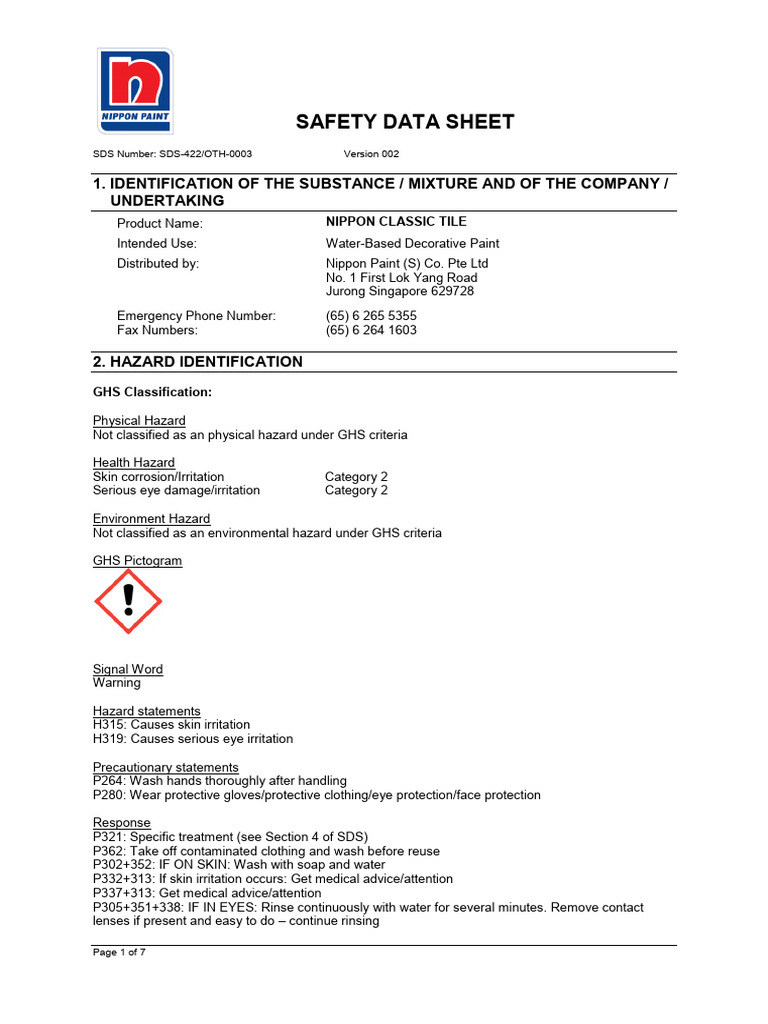 Nippon Classic Tile Safety Data Sheet | PDF | Dangerous Goods ...