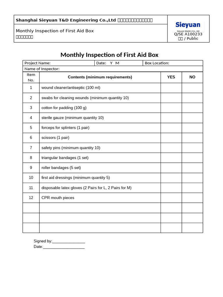 QSE A100233 Monthly Inspection of First Aid Box | PDF