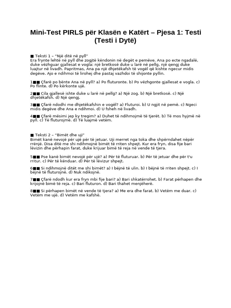 Mini-Test PIRLS Klasa IV Test2 | PDF