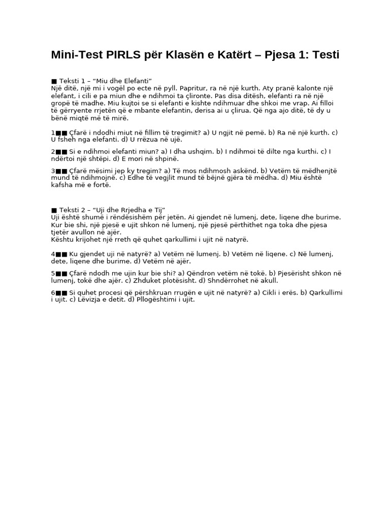 Mini-Test PIRLS Klasa IV Test | PDF