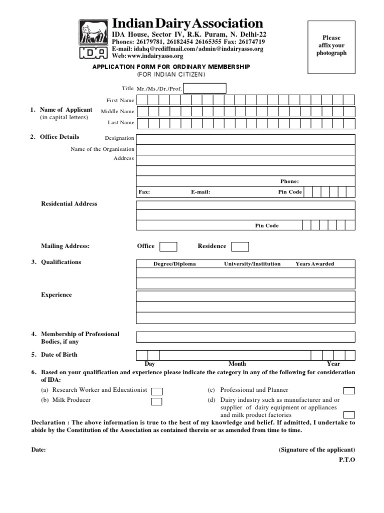 Oridnary Membership Form IDA Dairy | PDF | Dairy | Government