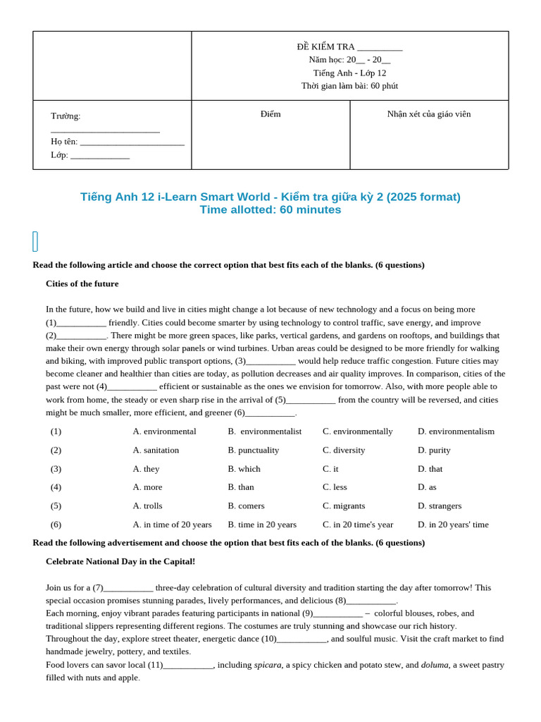 English Test for 12th Grade Students | PDF | Family | City