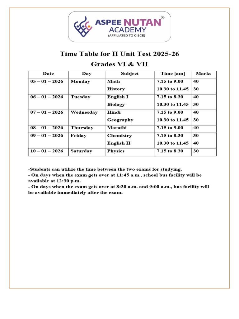 II Unit Test Timetable 2025-26 | PDF