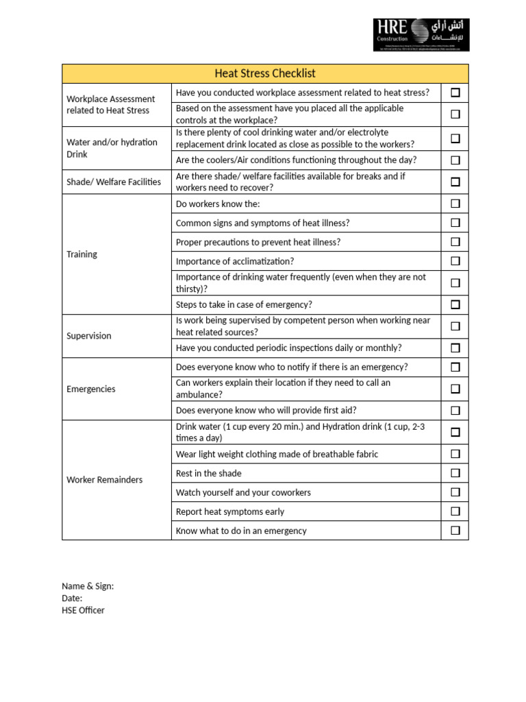 Heat Stress Checklist | PDF