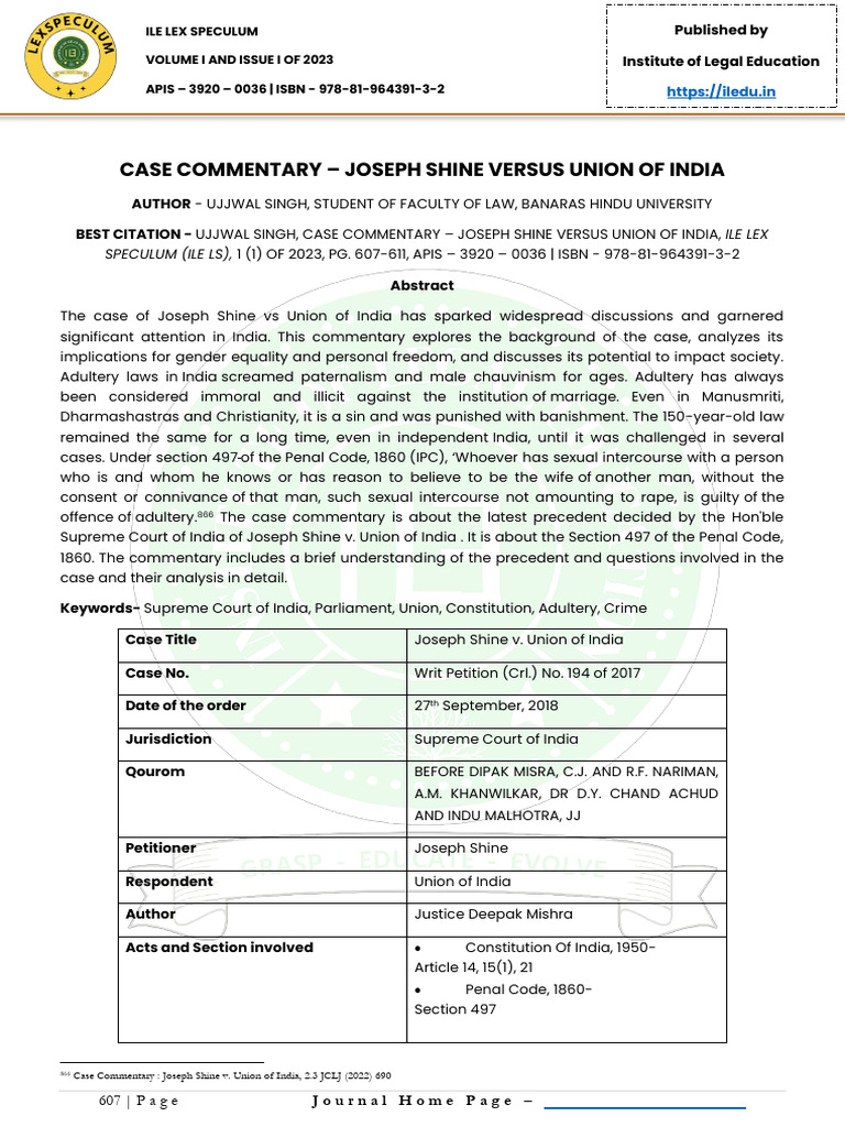 Joseph Shine Case Commentary Analysis | PDF | Justice | Crime & Violence