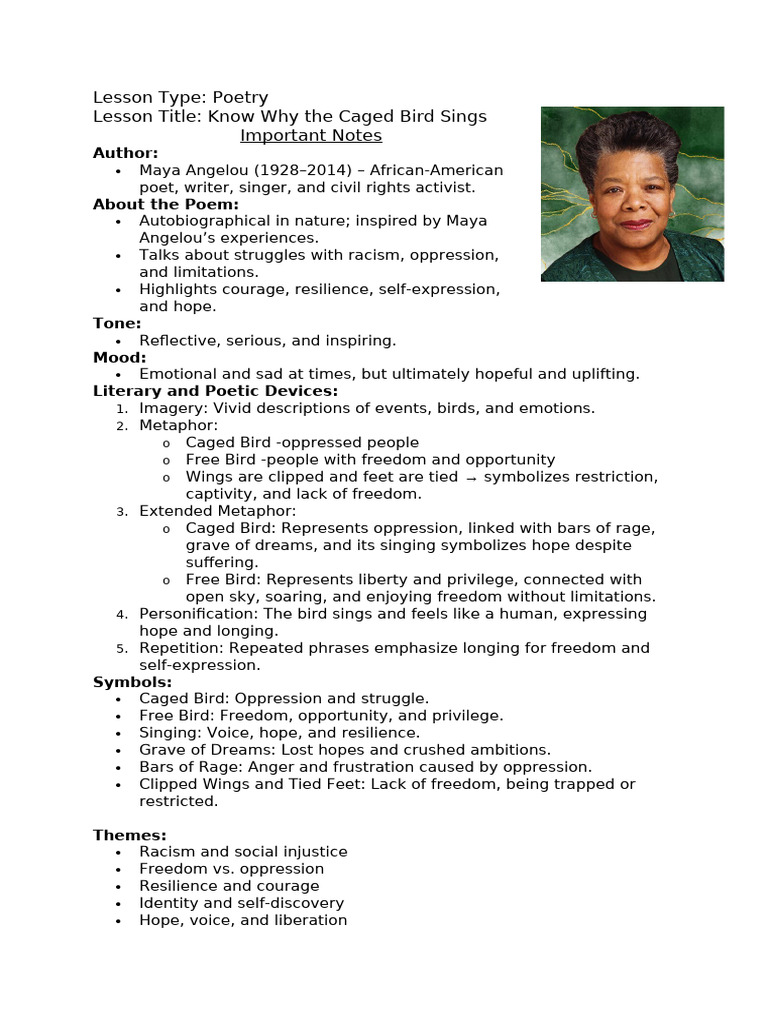 I Know Why The Caged Bird Sings Imp Notes | PDF | Maya Angelou | Poetry
