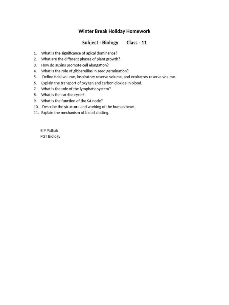 Winter Break Homework Class 11 Biology - 070433 | PDF