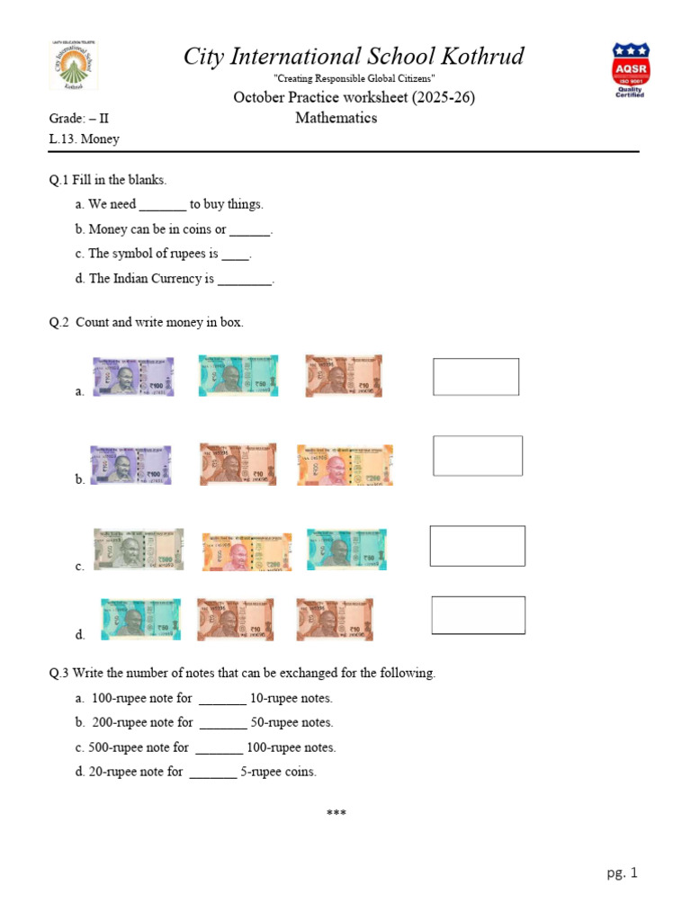 Grade II Math Worksheet on Money | PDF