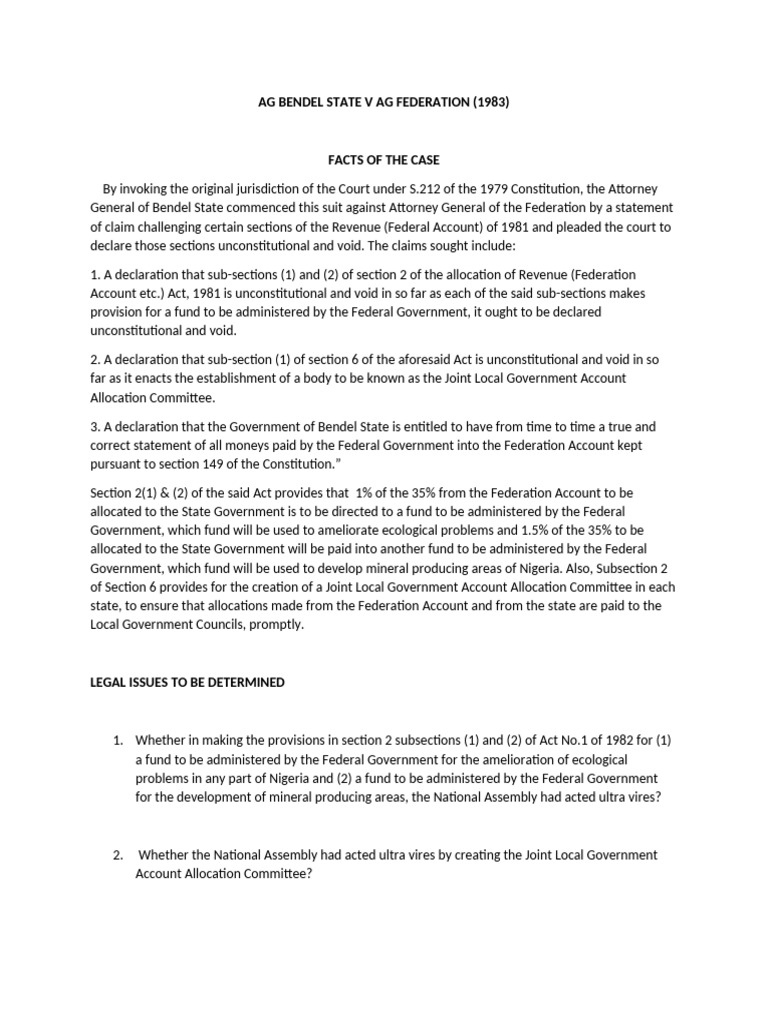 Ag Bendel V Ag Federation | PDF | Constitution | Federal Government Of ...