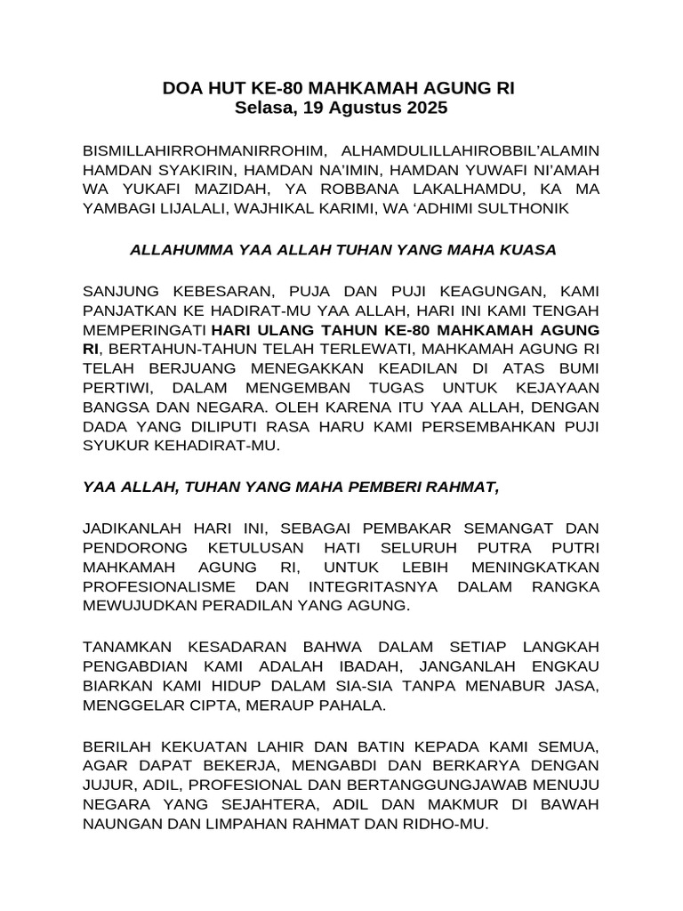 Doa Hut Ma Ri Ke 80 Agust 2025 | PDF