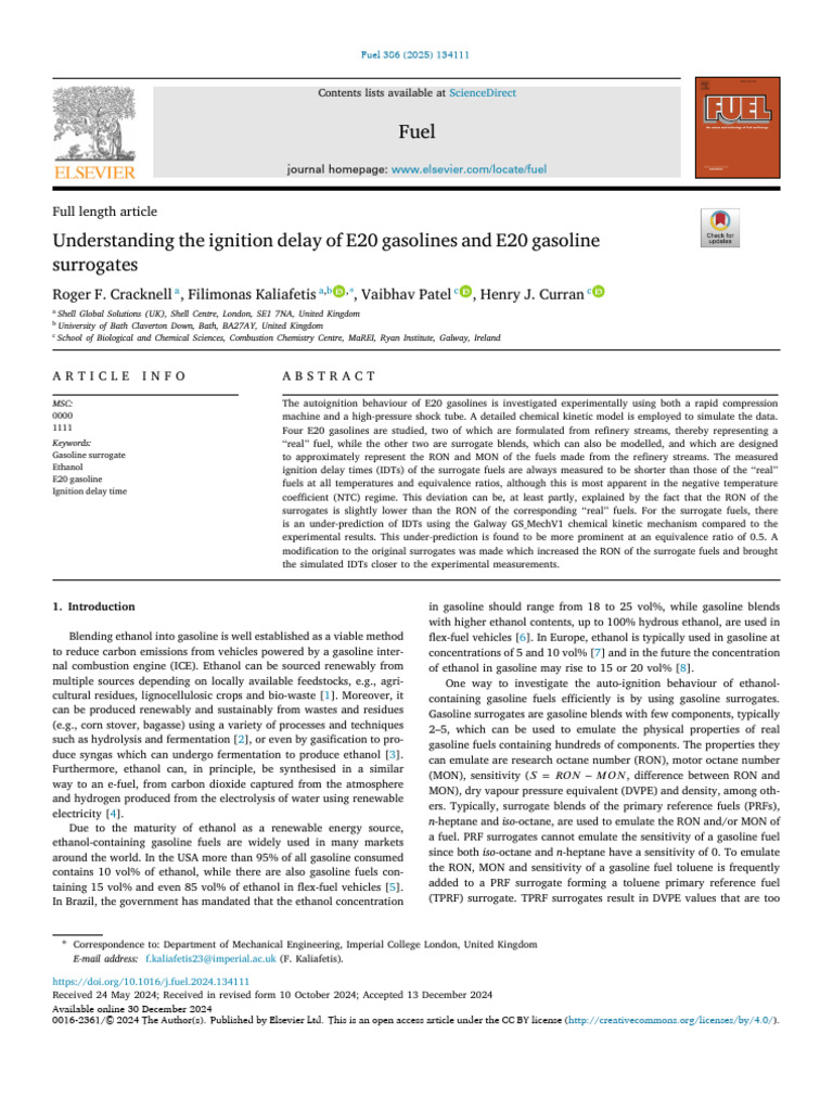 Understanding The Ignition Delay of E20 Gasolines and E20 Gasoline 2025 ...