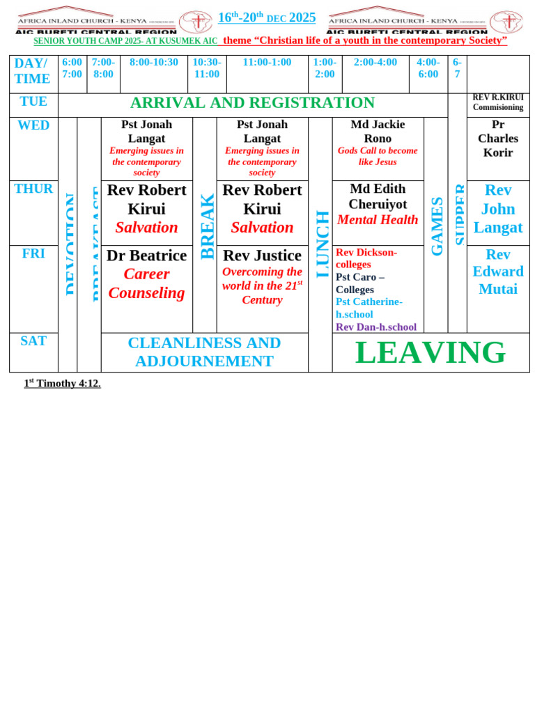 Aic Bureti Central Region 2025 Senior Youth Camp | PDF | Theology ...