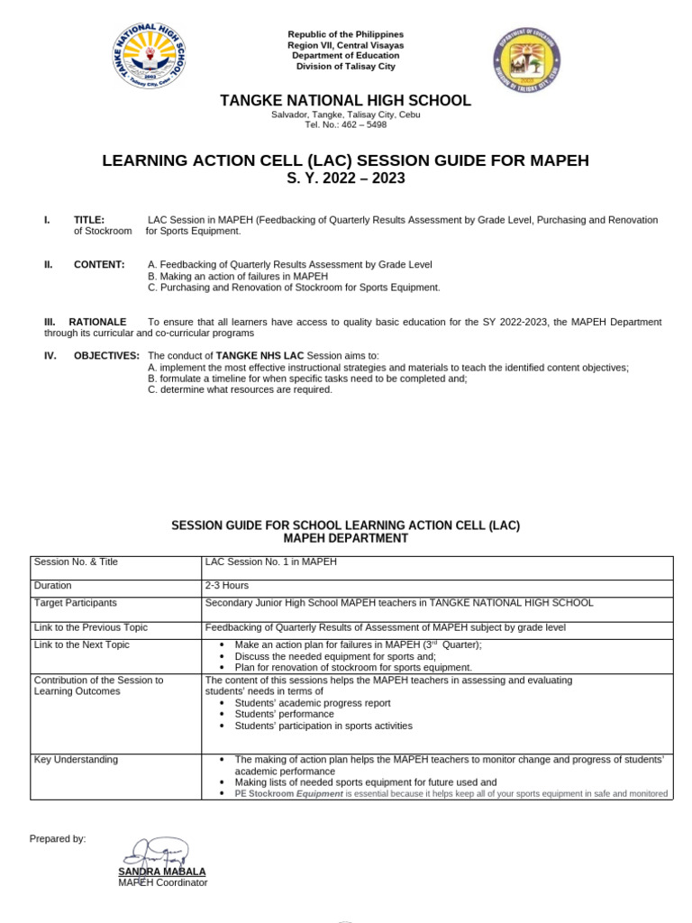LAC Session Guide for MAPEH 2022-2023 | PDF | Learning | Cognition