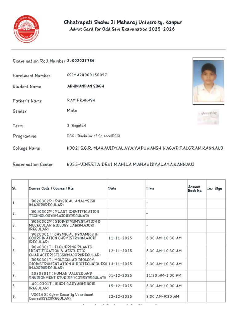 Csjmu - Samarth.edu - in Index - PHP Examstudent Hall-Admit-card View ...