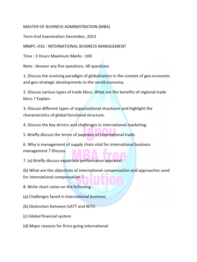 MBA Exam: International Business Management | PDF | Cost Of Living ...