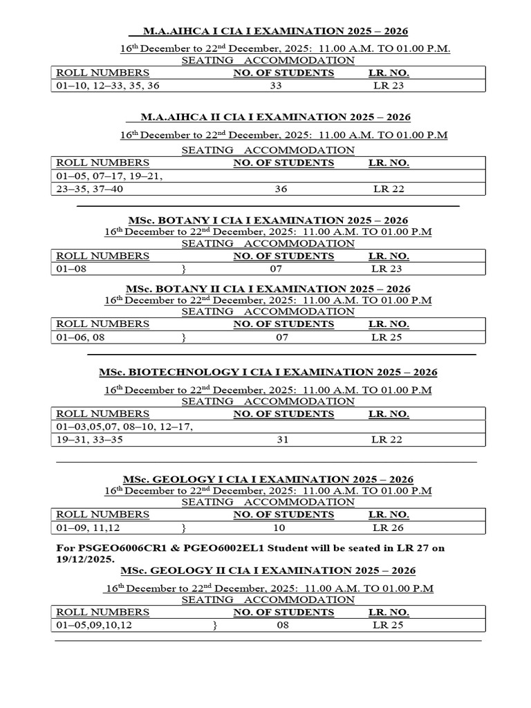 10132seating Arrangement For CIA - Dec 2025 (PG) | PDF