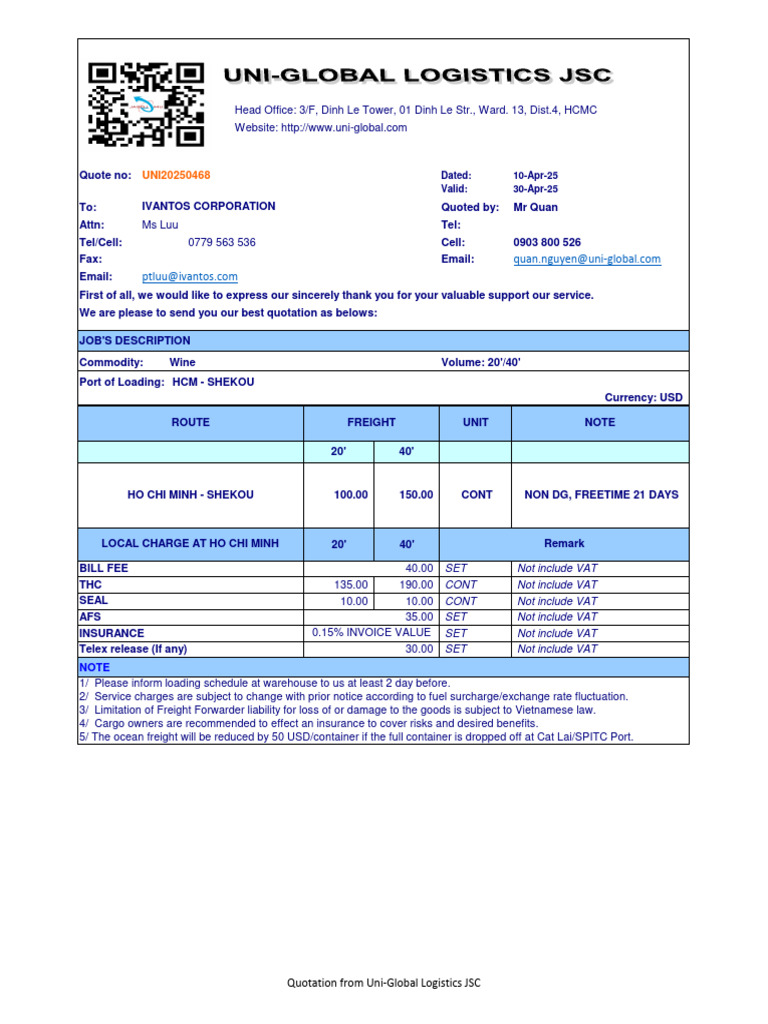 Uni-Global Logistics Quotation for Wine | PDF | Money | Economies