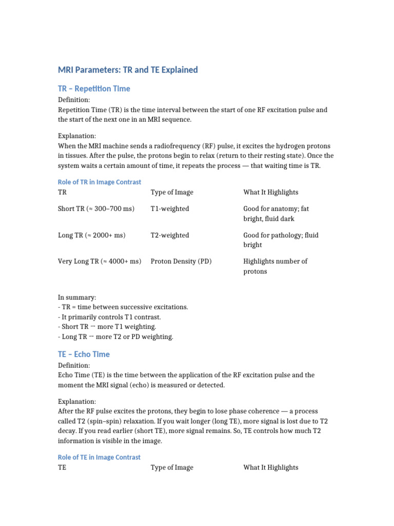 Understanding MRI TR and TE Parameters | PDF | Magnetic Resonance ...