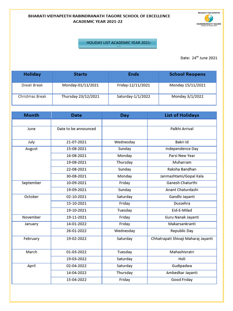 Holiday List-Academic Year - 2021-22 | PDF | Observances | Religious ...