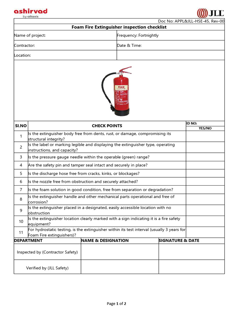 Foam Fire Extinguisher Inspection Checklist | PDF
