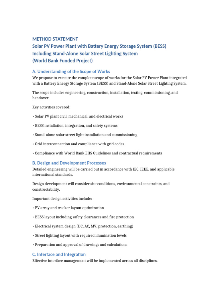 Solar PV Plant & BESS Method Statement | PDF | Photovoltaic System ...