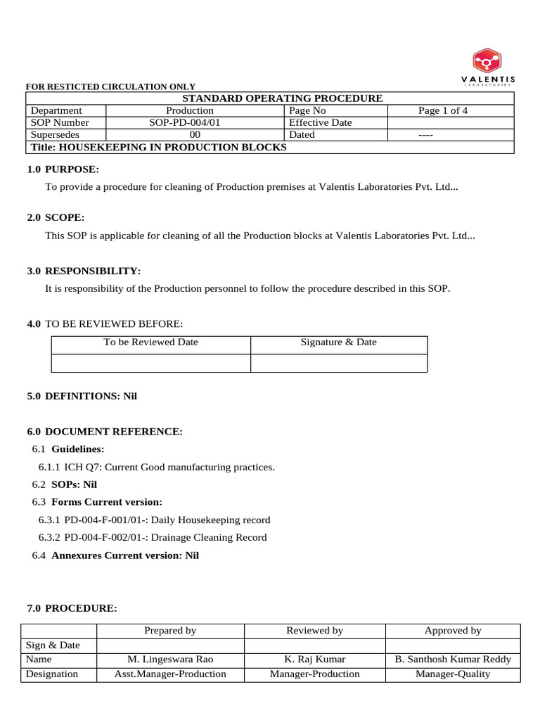 Production Housekeeping SOP Guide | PDF | Housekeeping