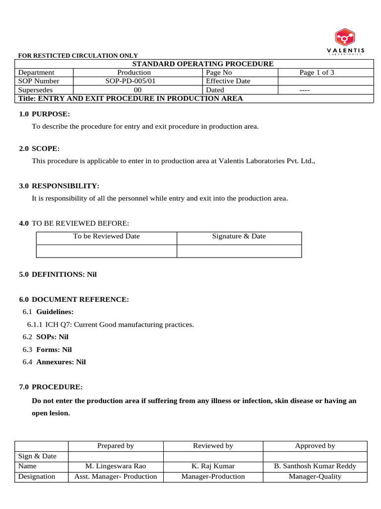 PD-005 Entry and Exit Procedure in Production Area | PDF