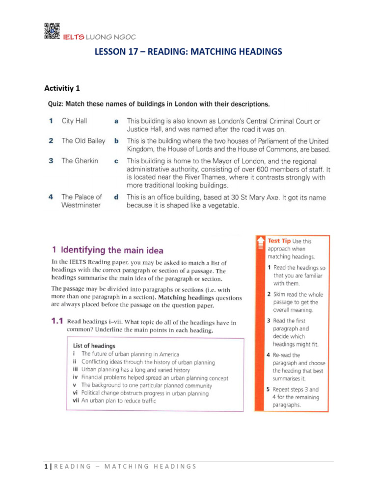 Lesson 18 - Reading - Matching Headings - đã chỉnh sửa | PDF