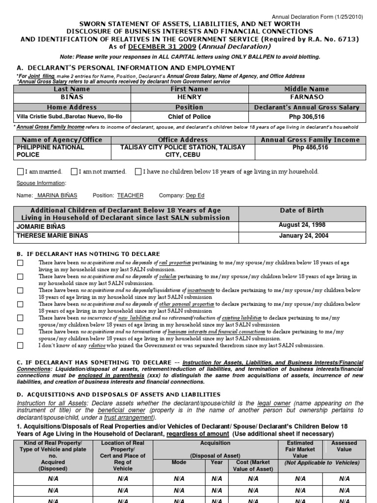 Annual Declaration Form (Saln) | PDF | Equity (Finance) | Loans