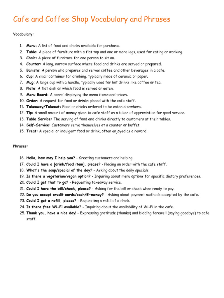 Cafe and Coffee Shop Vocabulary and Phrases | PDF | Drink | Juice