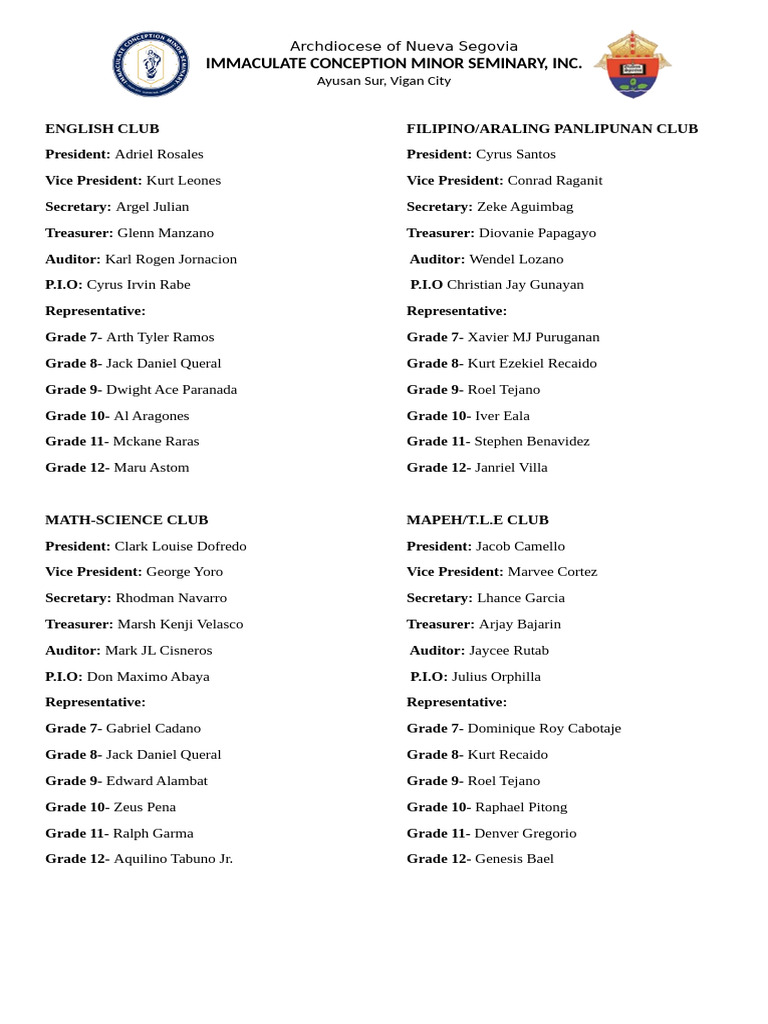 Immaculate Conception Seminary Clubs | PDF