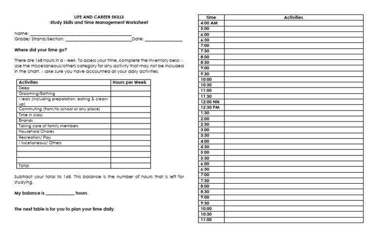 Study Skills and Time Management Worksheet | PDF