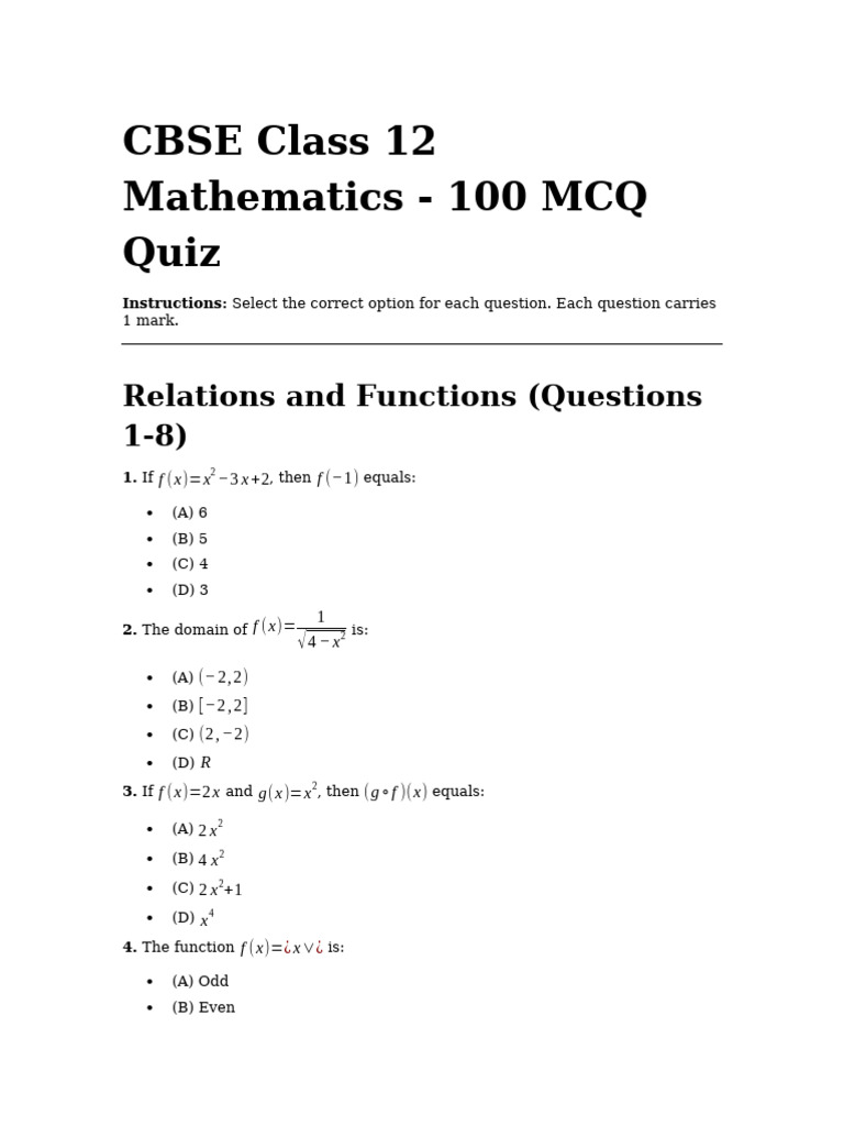 CBSE Class 12 Mathematics MCQ Quiz | PDF | Determinant | Matrix ...