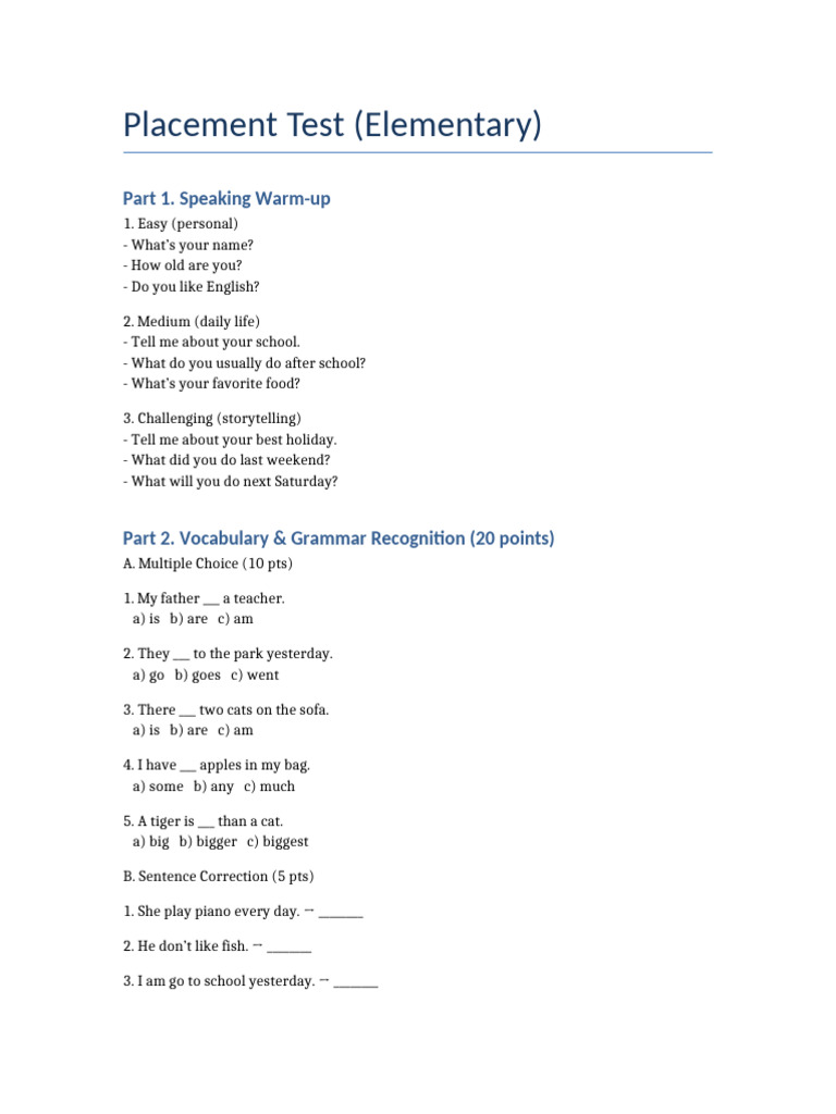 Elementary Placement Test Guide | PDF | Linguistics