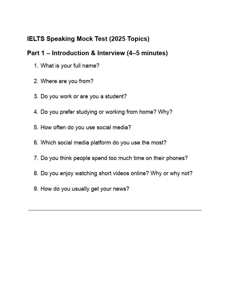 IELTS Speaking Mock Test Guide 2025 | PDF