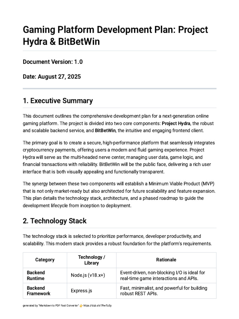 Gaming Platform Development Plan Project Hydra Bitbetwin | PDF ...