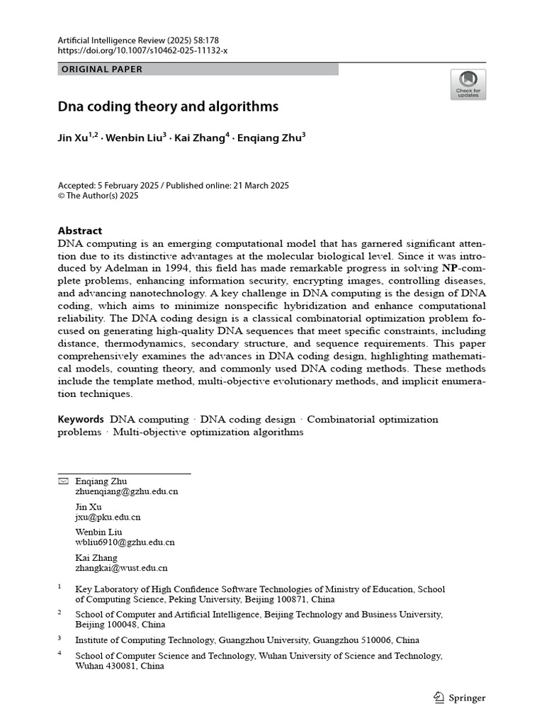 Dna Coding Theory and Algorithms: Jin Xu Wenbin Liu Kai Zhang Enqiang ...