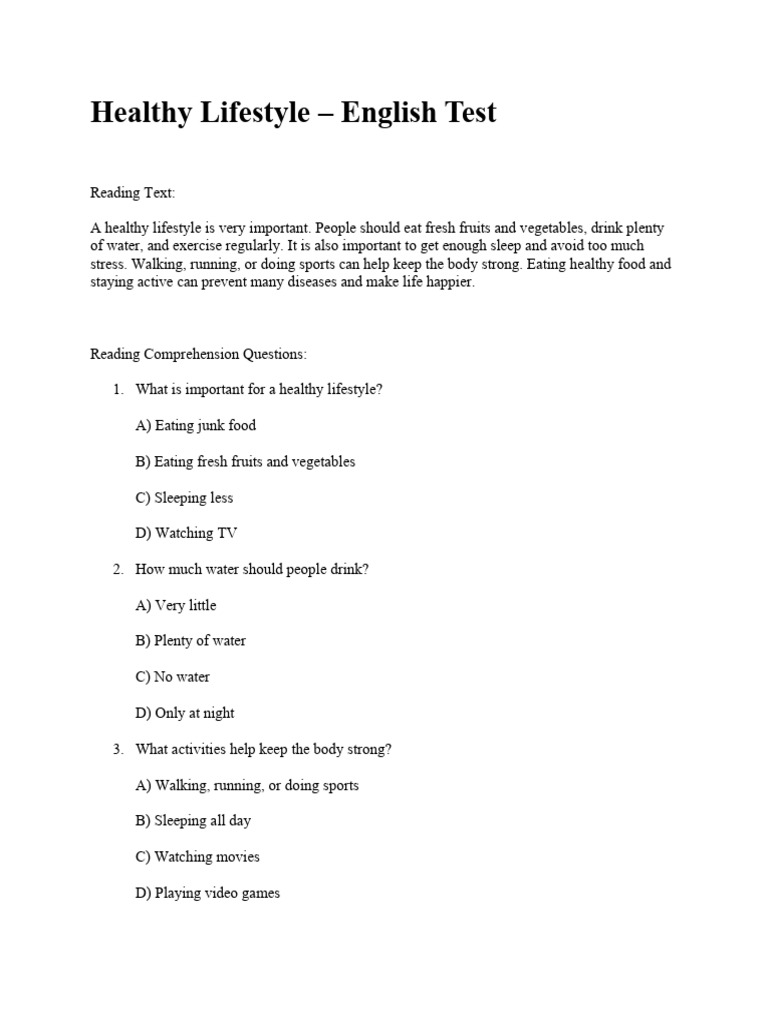 Healthy Lifestyle English Test | PDF