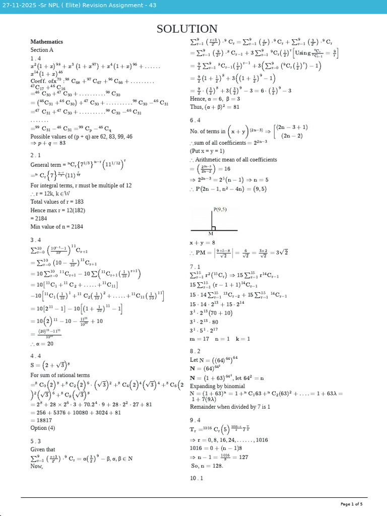 27-11-2025 - SR NPL (Elite) Revision Assignment - 43 Sol | PDF | Number ...