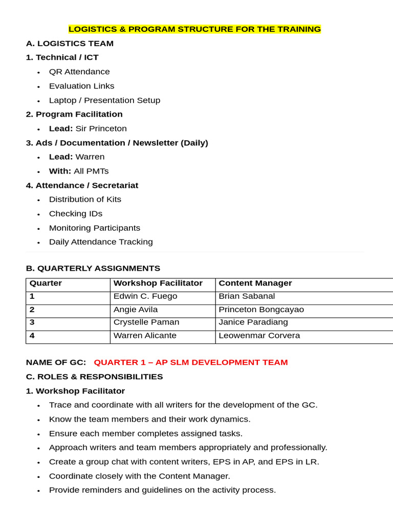 Training Logistics & Program Structure | PDF