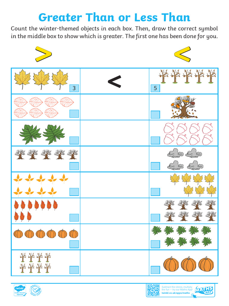 T N 10050 Autumn Themed Greater Than or Less Than Up To 10 Worksheet ...