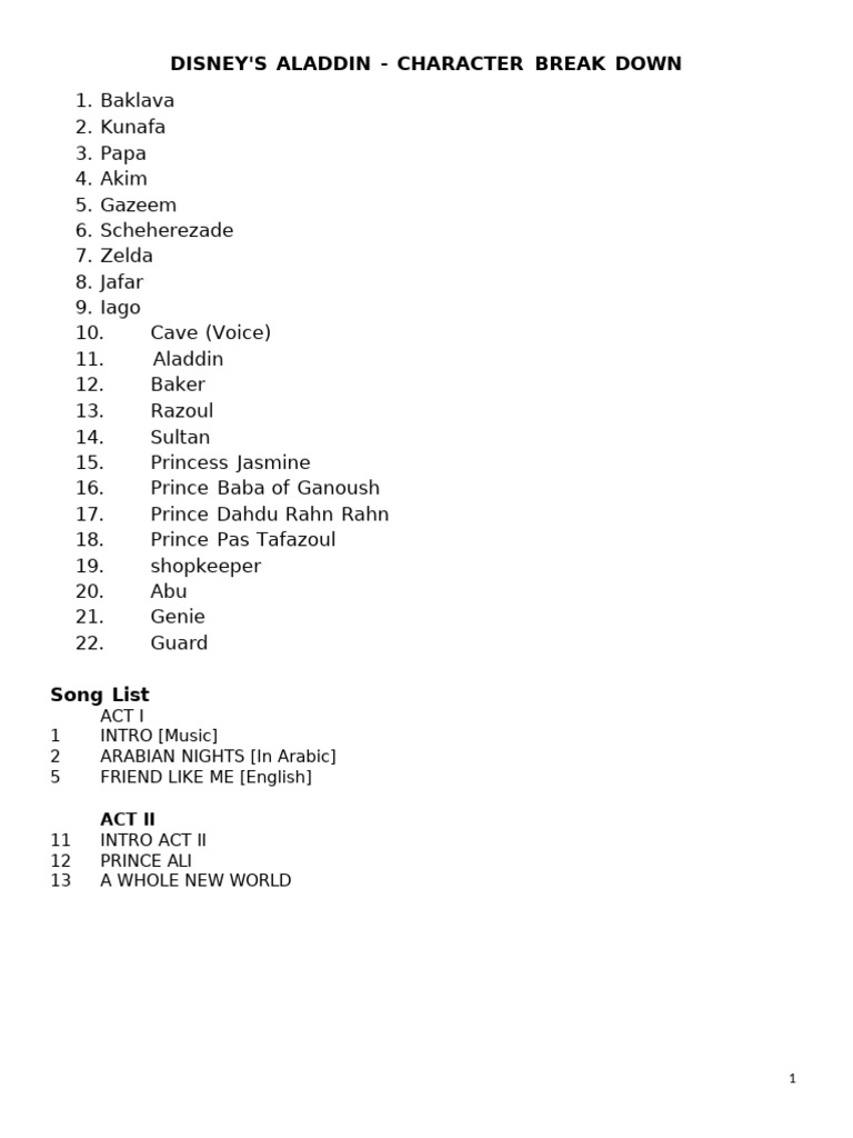 Aladdin Character Breakdown Guide | PDF