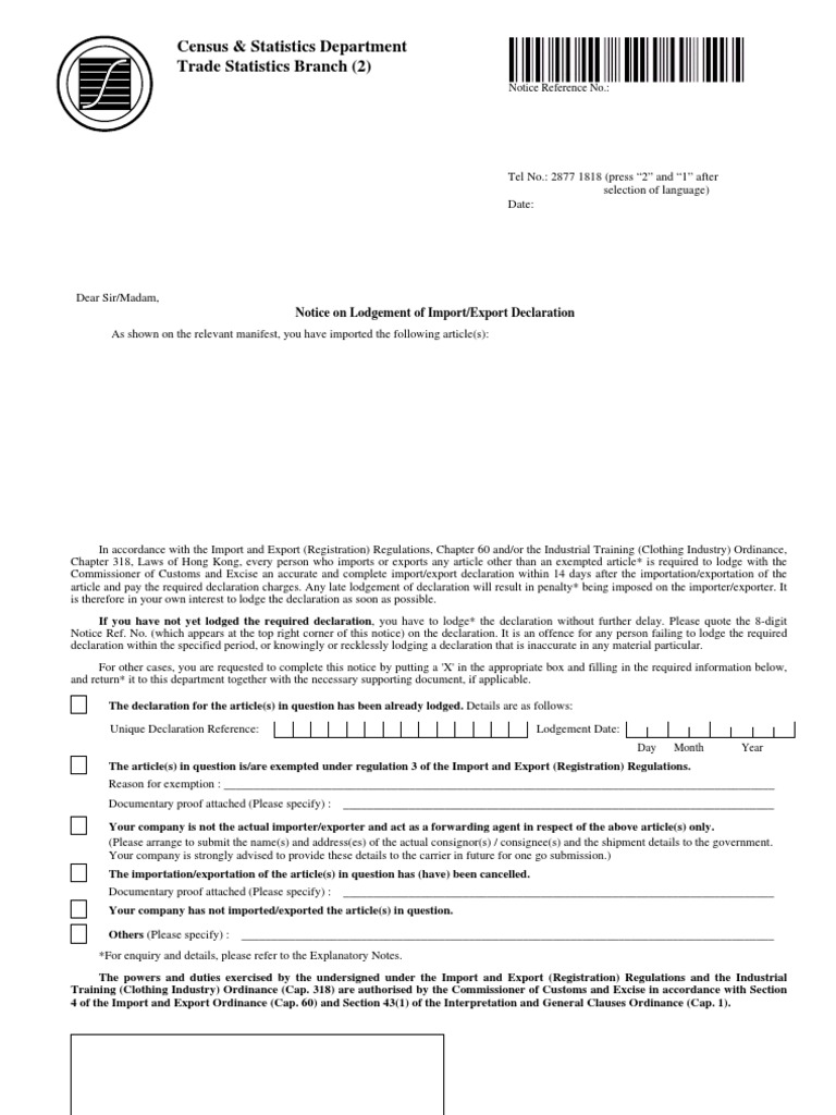 Notice On Lodgement of Import - Export Declaration | PDF | Customs | Trade