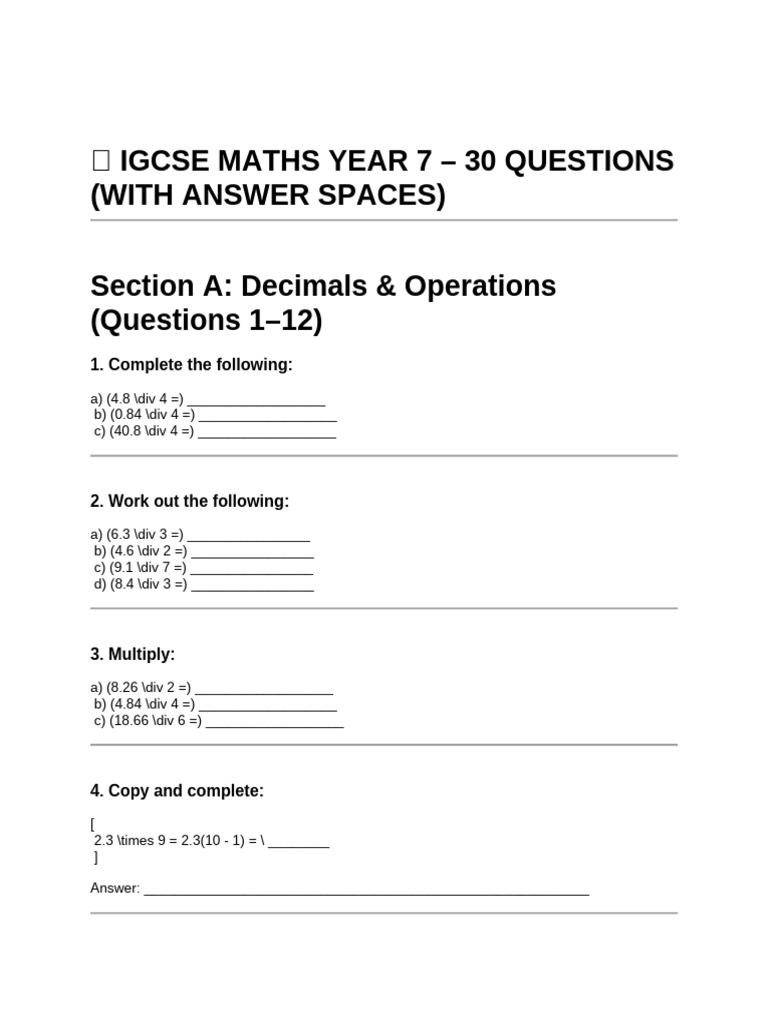 IGCSE Year 7 Maths Questions & Answers | PDF | Ratio | Mathematics