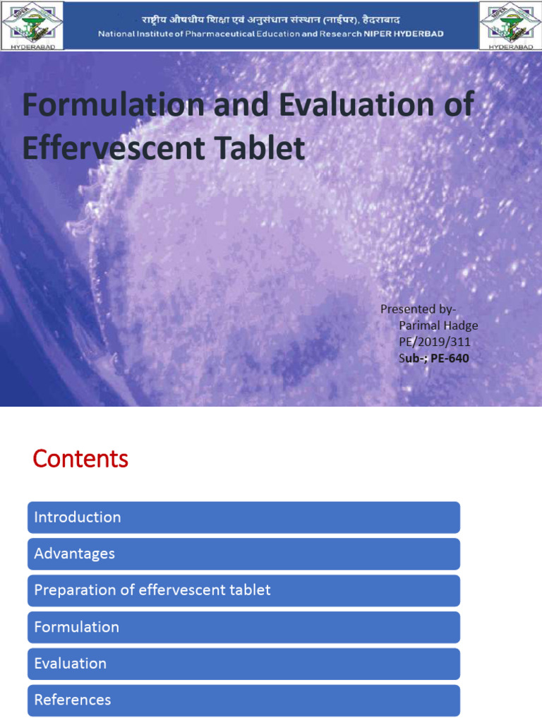Formulation and Evaluation of Effervescent Tablet: Presented By-Parimal ...