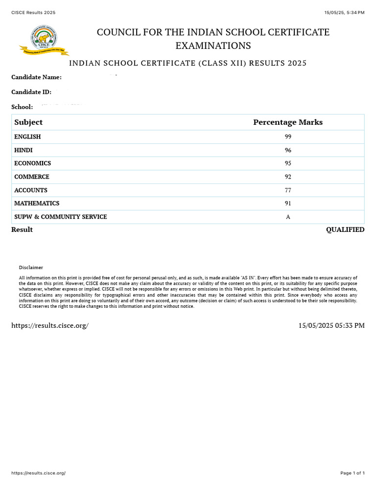CISCE Class XII Results 2025 | PDF