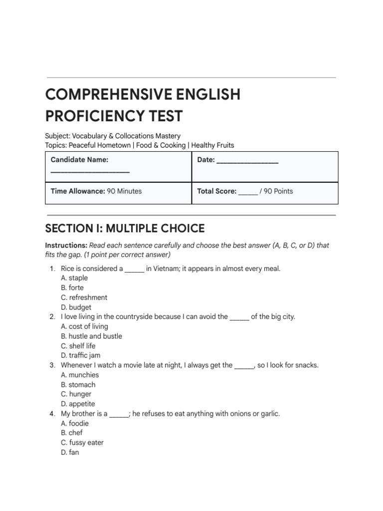 Comprehensive English Proficiency Test | PDF | Cooking | Food And Drink ...