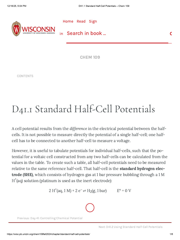 D41.1 Standard Half-Cell Potentials - Chem 109 | PDF | Electrode ...