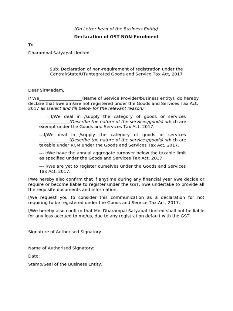Declaration For Non GST Enrolment | PDF